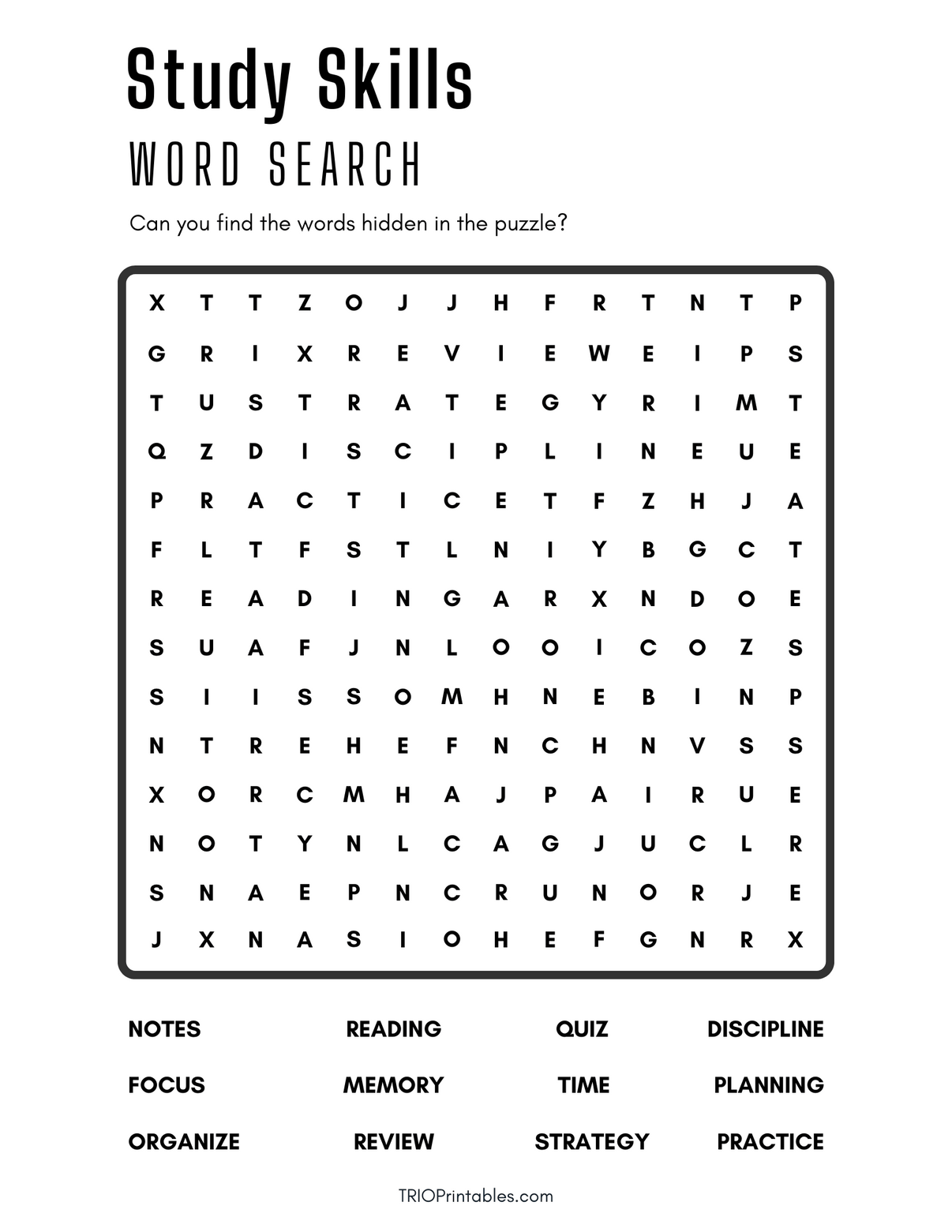 Study Skills Word Search Puzzle – TRIO Printables