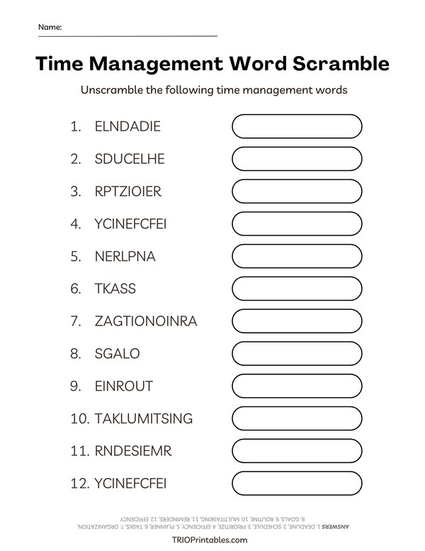 Time Management Word Scramble Puzzle – TRIO Printables