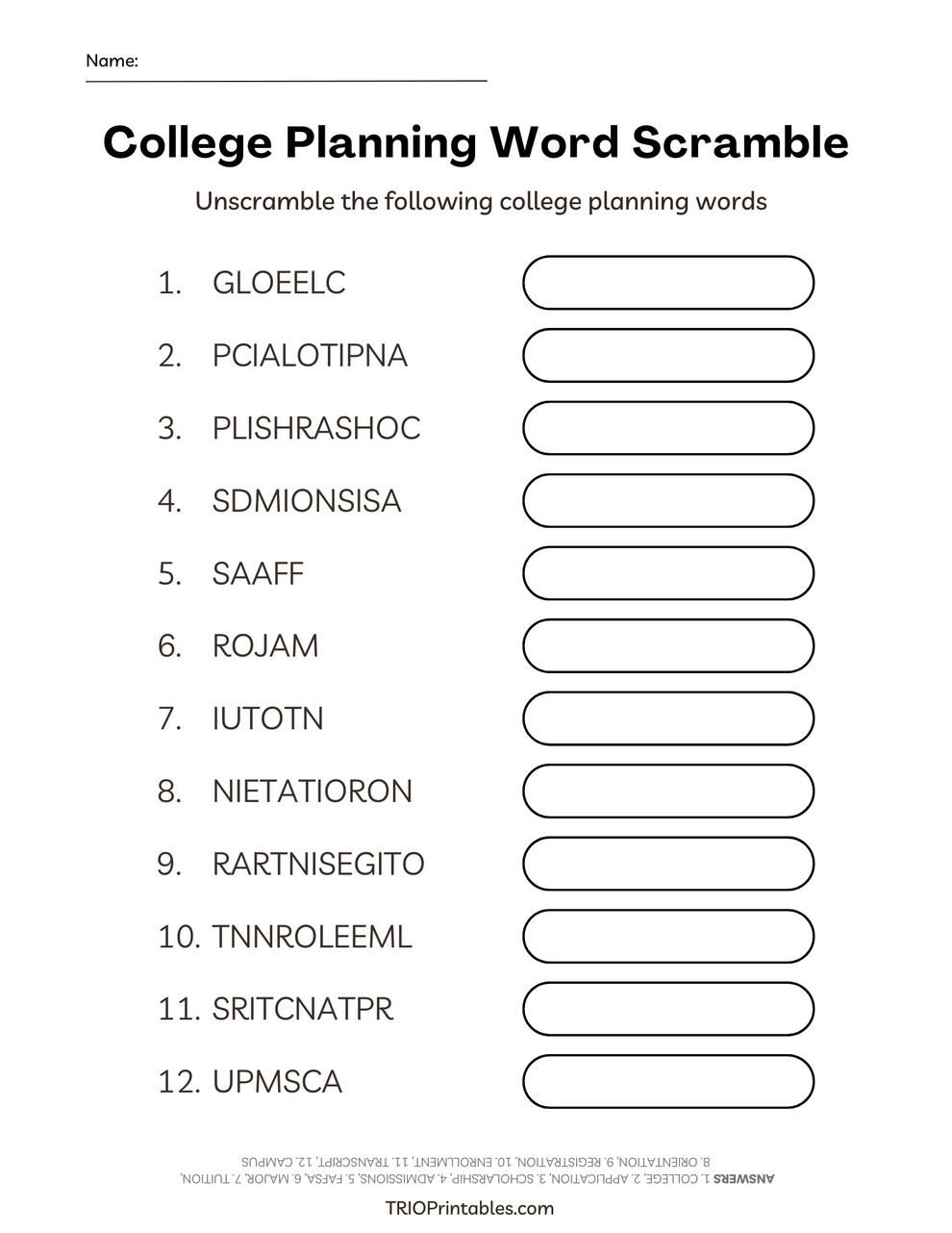 College Planning Word Scramble Puzzle – TRIO Printables