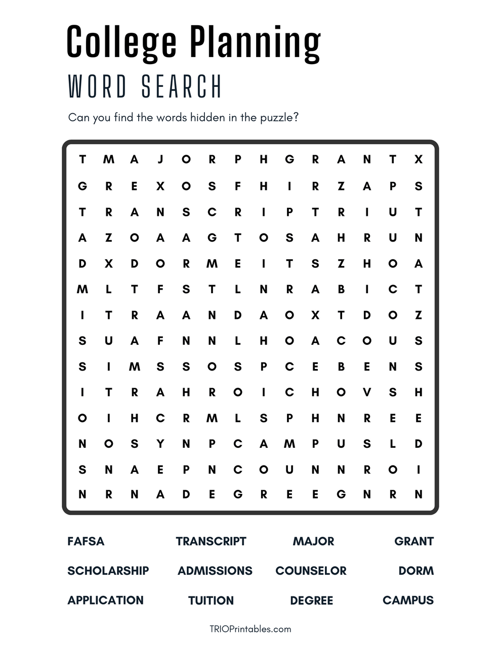 College Planning Word Search – TRIO Printables