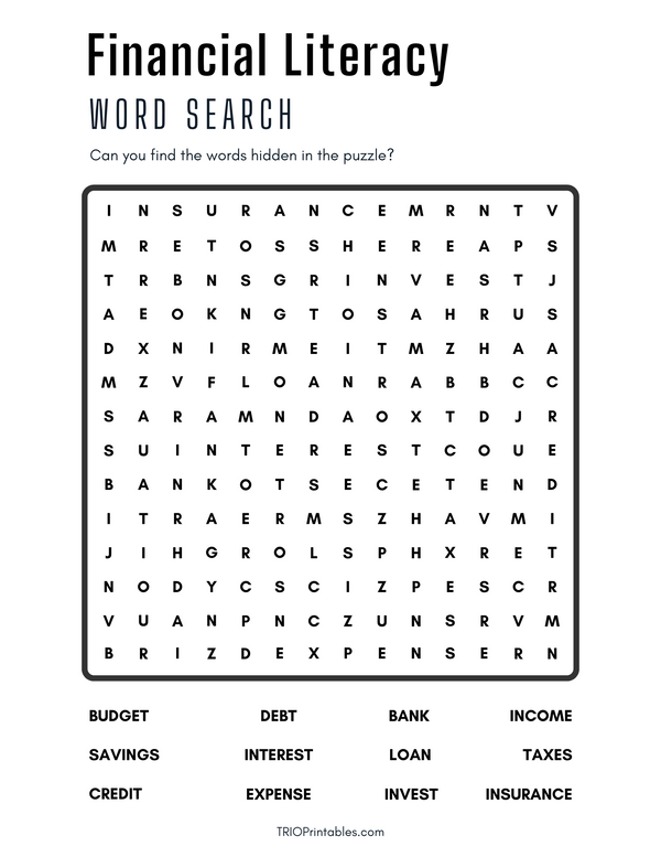 Financial Literacy Word Search Puzzle – TRIO Printables