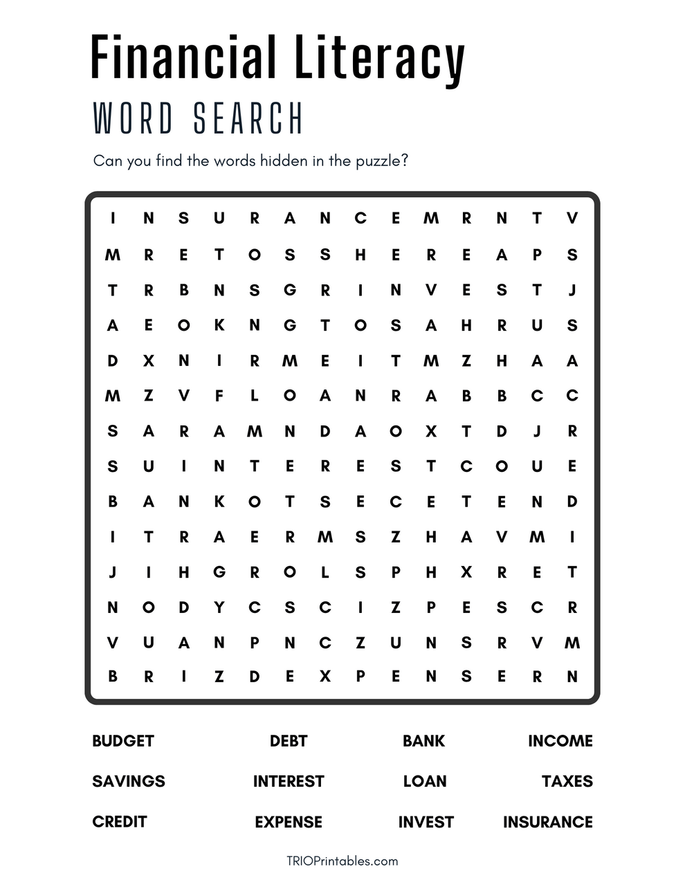 Financial Literacy Word Search Puzzle – TRIO Printables
