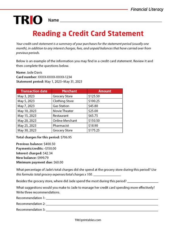 Reading a Credit Card Statement Activity Sheet – TRIO Printables