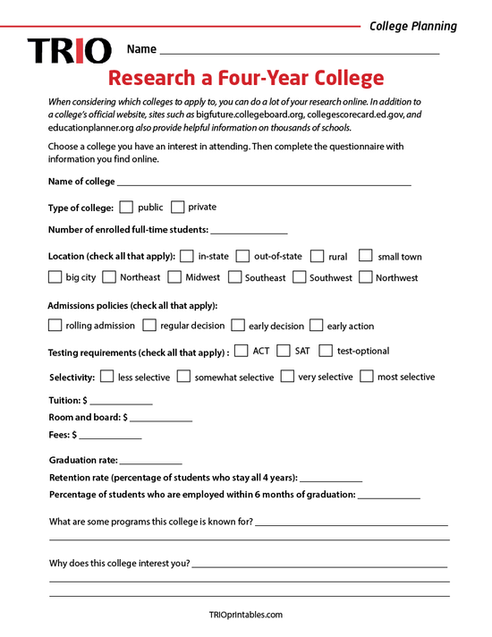Research a Four-Year College Activity Sheet – TRIO Printables