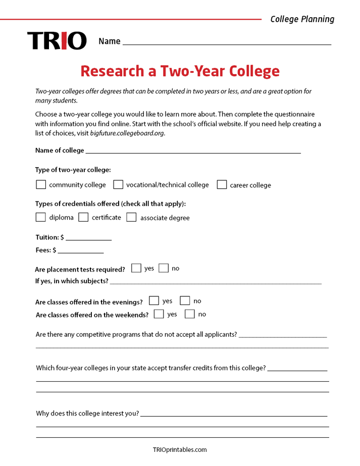 Research a Two-Year College Activity Sheet – TRIO Printables