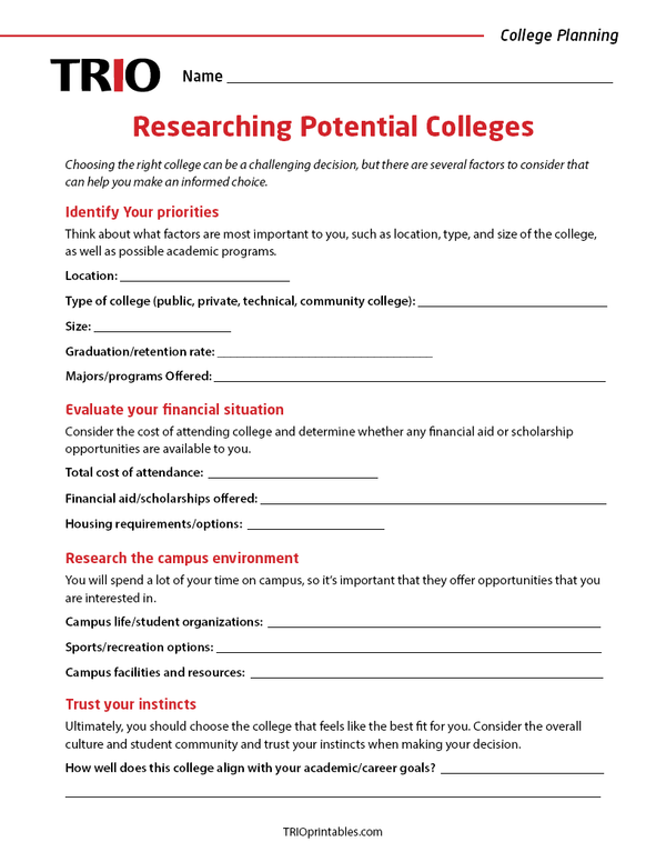 Researching Potential Colleges Activity Sheet – TRIO Printables