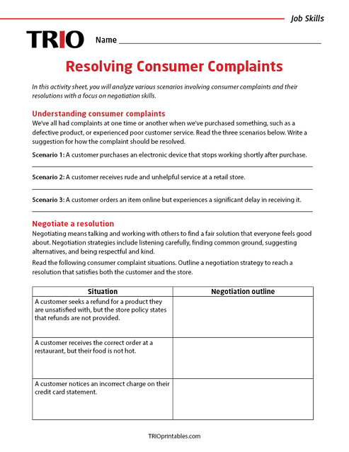Resolving Consumer Complaints Activity Sheet – TRIO Printables