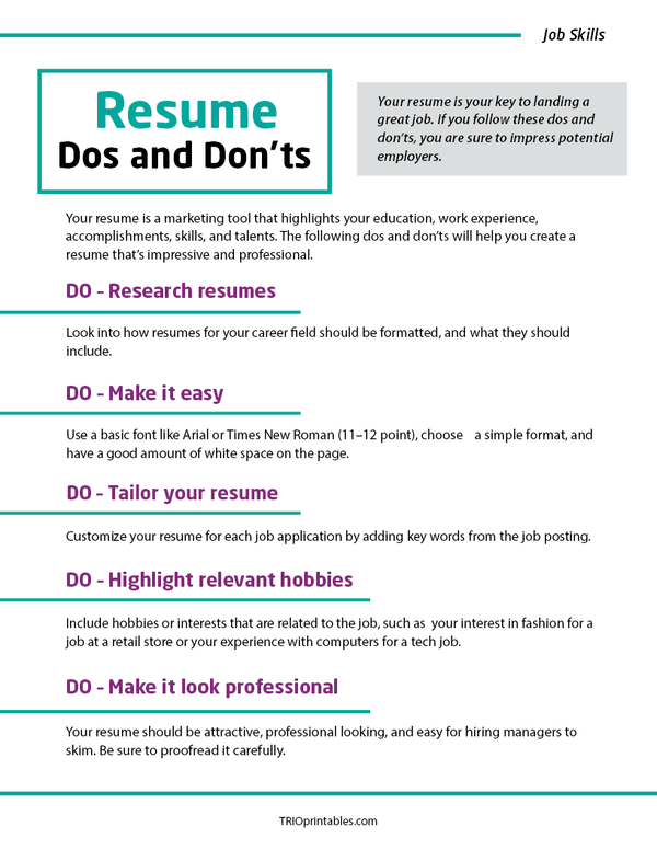 Resume Dos And Donts Informational Sheet Trio Printables