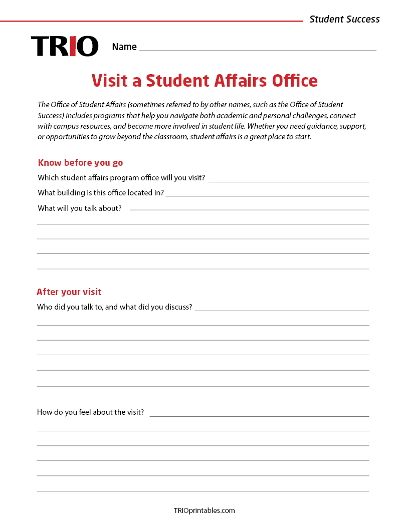 Visit a Student Affairs Office Activity Sheet – TRIO Printables