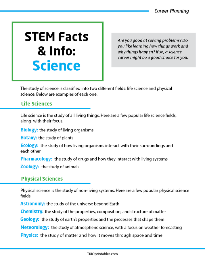 STEM Facts and Info: Science Informational Sheet – TRIO Printables