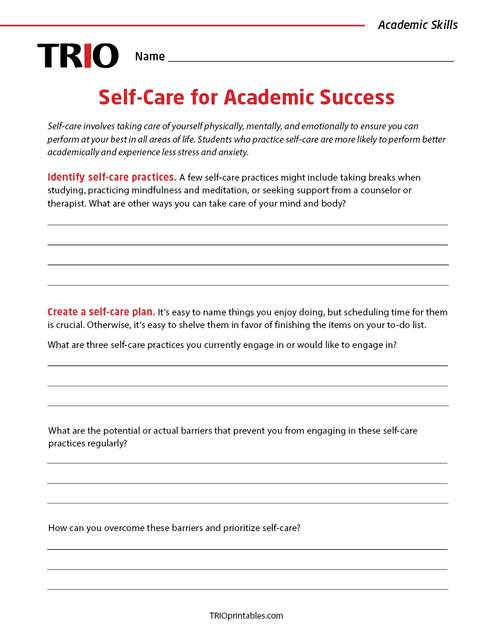 Self-Care for Academic Success Activity Sheet – TRIO Printables