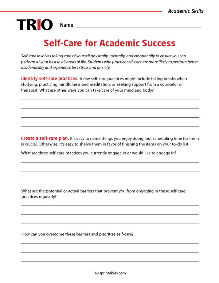 Self-Care for Academic Success Activity Sheet – TRIO Printables