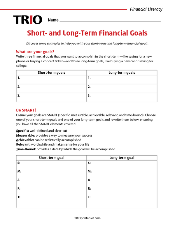 Short- and Long-Term Financial Goals Activity Sheet – TRIO Printables