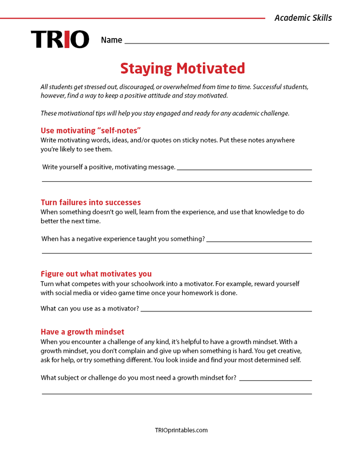 Staying Motivated Activity Sheet – TRIO Printables