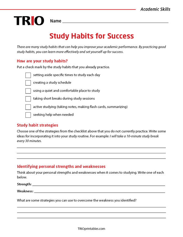 Study Habits for Success Activity Sheet – TRIO Printables