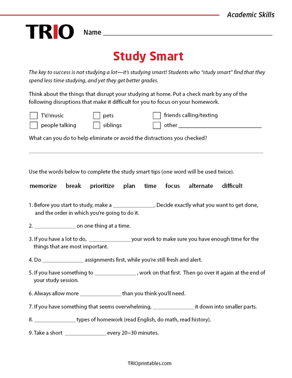 Study Smart Activity Sheet – TRIO Printables