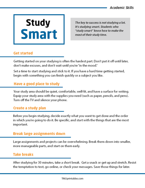 Study Smart Informational Sheet – TRIO Printables