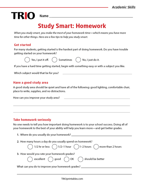 Study Smart: Homework Activity Sheet – TRIO Printables