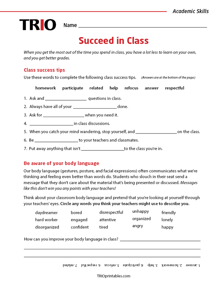 Succeed in Class Activity Sheet – TRIO Printables