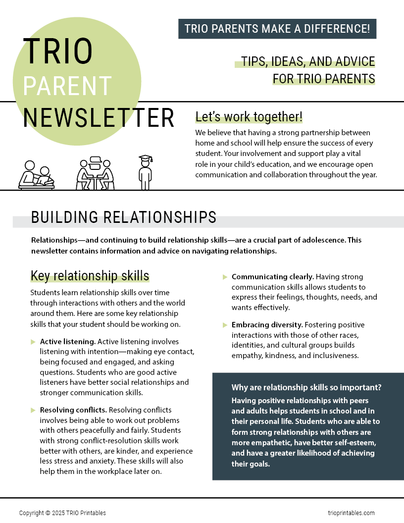 Building Relationships Newsletter – TRIO Printables