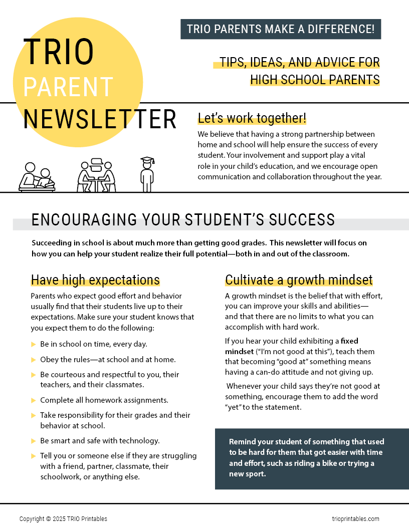 Encouraging Your Student's Success Newsletter – TRIO Printables