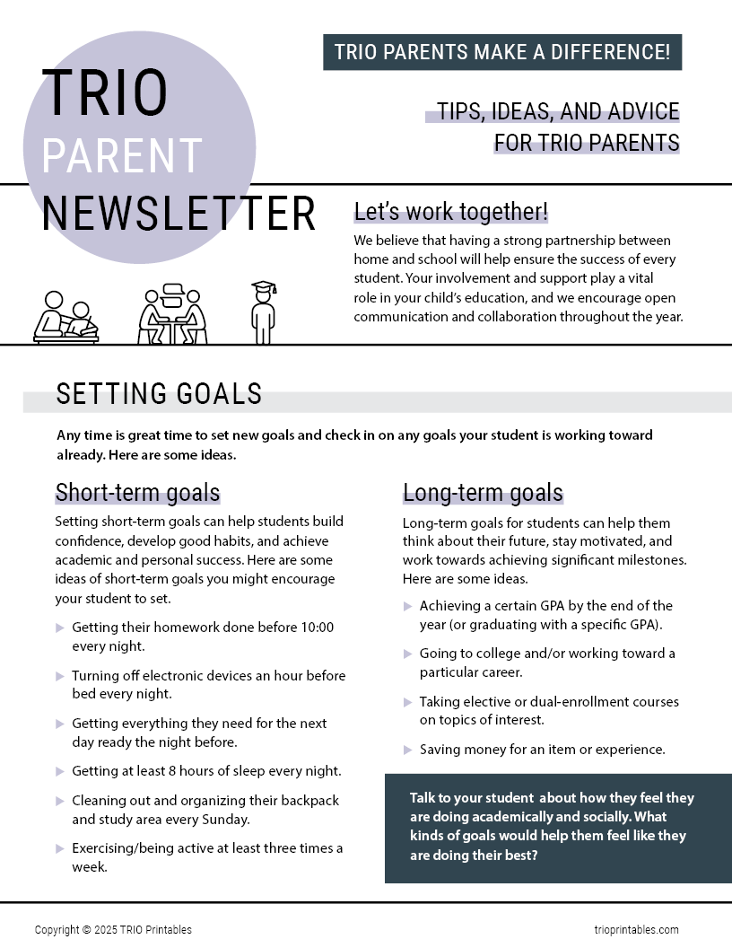 Setting Goals Newsletter – TRIO Printables