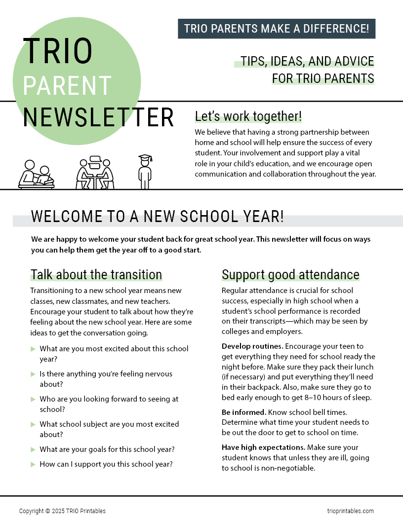 Welcome to a New School Year Newsletter – TRIO Printables
