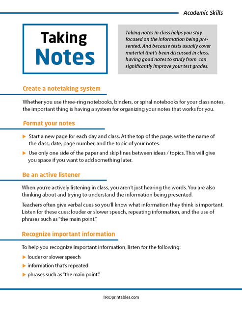 Taking Notes Informational Sheet – TRIO Printables