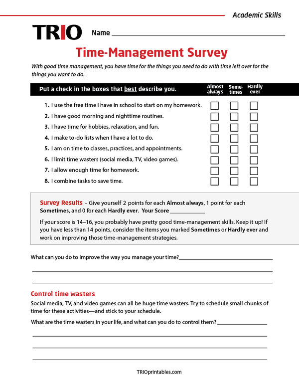 Time-Management Survey Activity Sheet – TRIO Printables