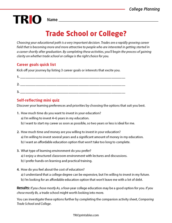 Trade School or College? Activity Sheet – TRIO Printables