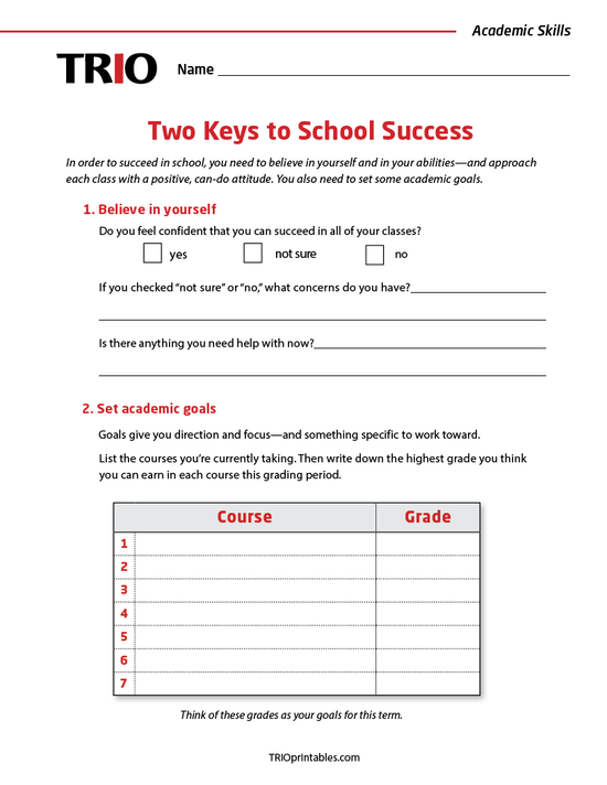 Two Keys of School Success Activity Sheet – TRIO Printables