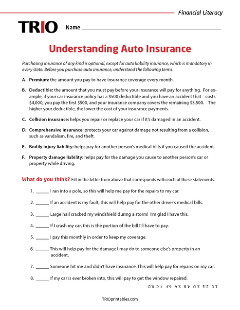 Understanding Auto Insurance Activity Sheet – TRIO Printables