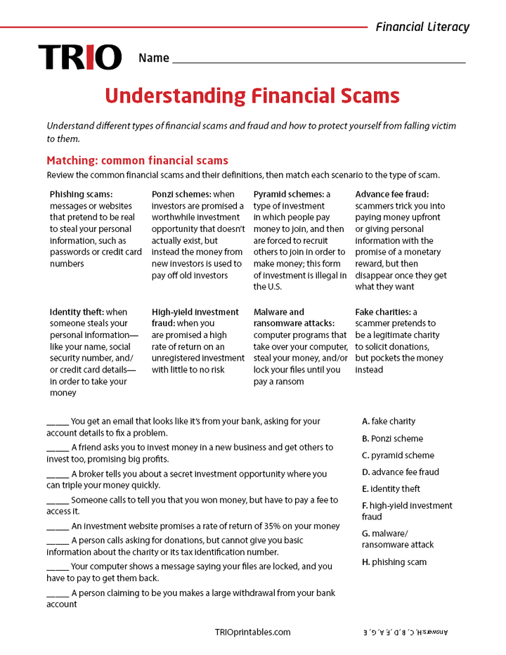 Financial Literacy – TRIO Printables