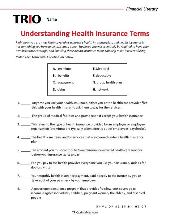 Understanding Health Insurance Terms Activity Sheet – TRIO Printables