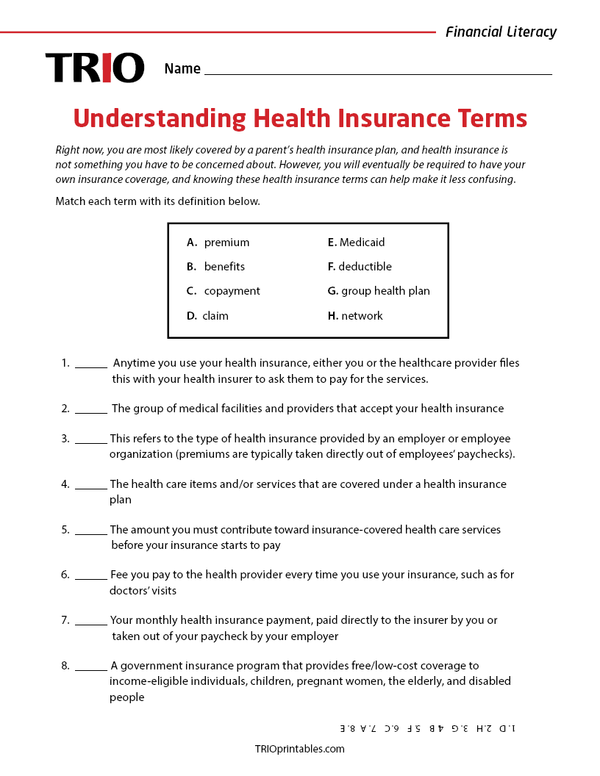 Understanding Health Insurance Terms Activity Sheet – TRIO Printables