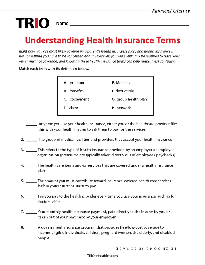 Understanding Health Insurance Terms Activity Sheet – TRIO Printables