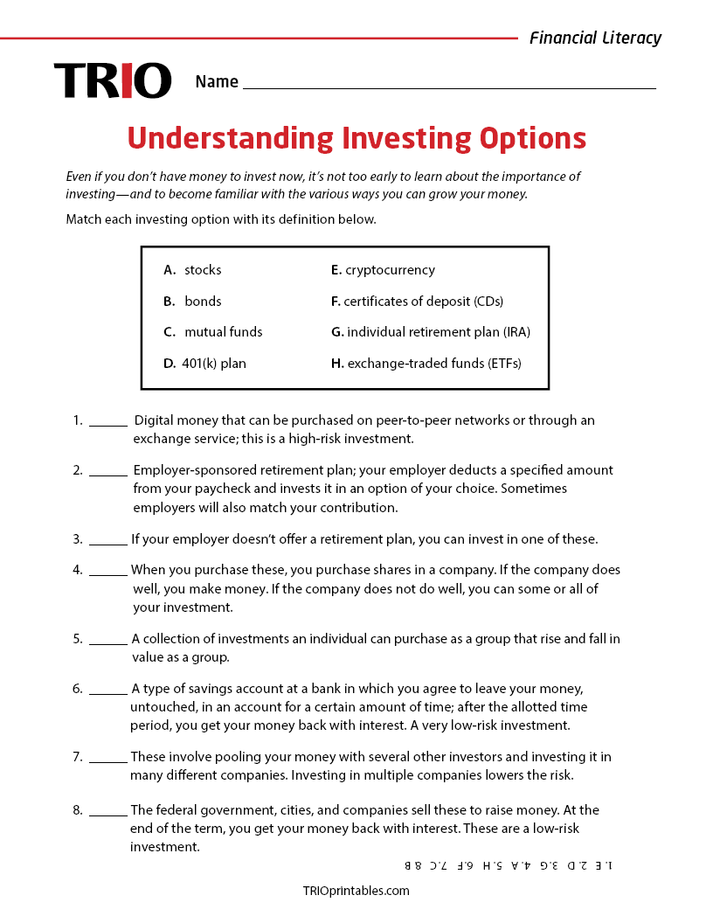 Understanding Investing Options Activity Sheet – TRIO Printables
