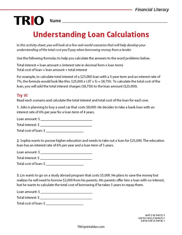 Financial Literacy – TRIO Printables