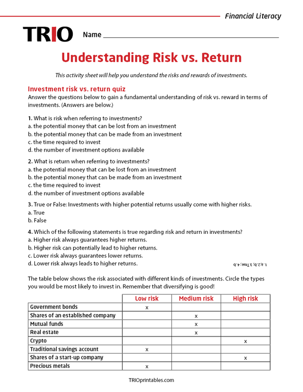 Understanding Risk vs. Return Activity Sheet – TRIO Printables