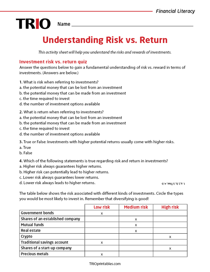 Understanding Risk vs. Return Activity Sheet – TRIO Printables