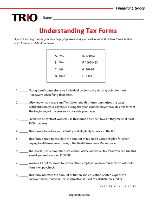 Understanding Tax Forms Activity Sheet – TRIO Printables