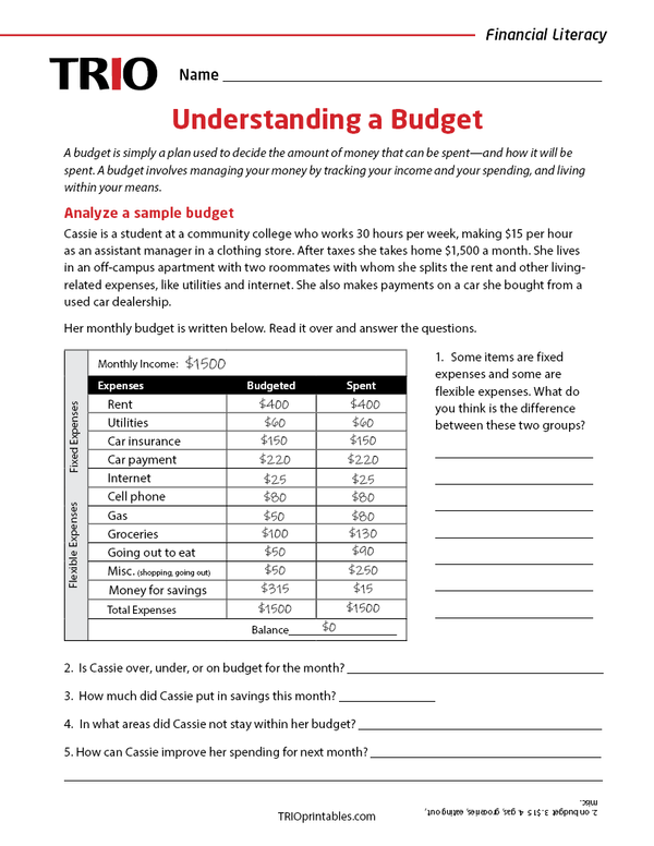 Understanding a Budget Activity Sheet – TRIO Printables