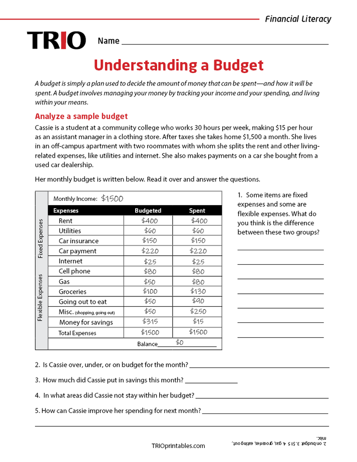 Understanding a Budget Activity Sheet – TRIO Printables
