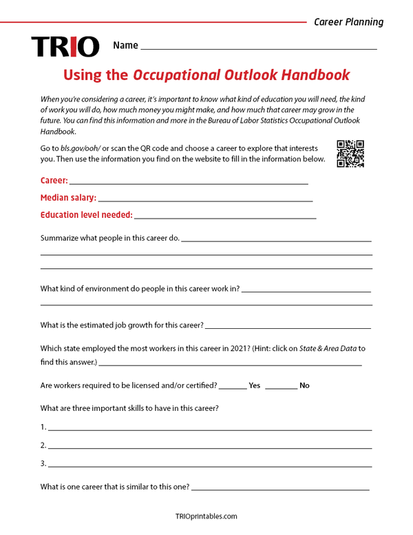 Using the Occupational Outlook Handbook Activity Sheet – TRIO Printables