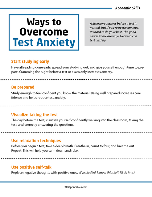 Ways to Overcome Test Anxiety Informational Sheet – TRIO Printables