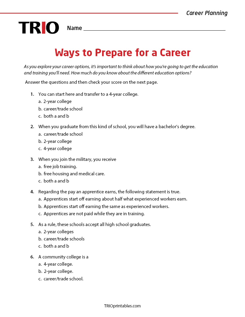 Ways to Prepare for a Career Activity Sheet – TRIO Printables