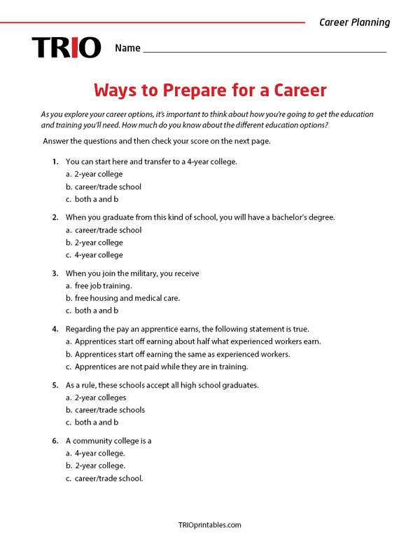 Ways to Prepare for a Career Activity Sheet – TRIO Printables
