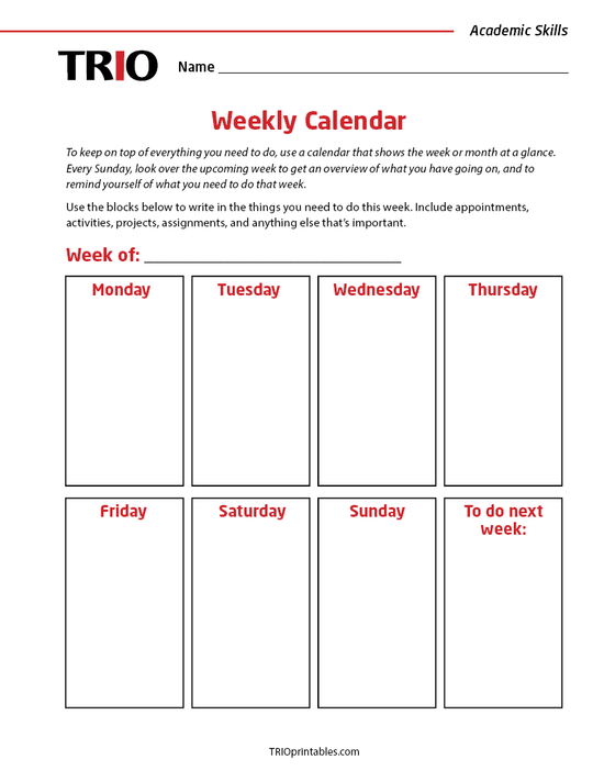 Weekly Calendar Activity Sheet – TRIO Printables