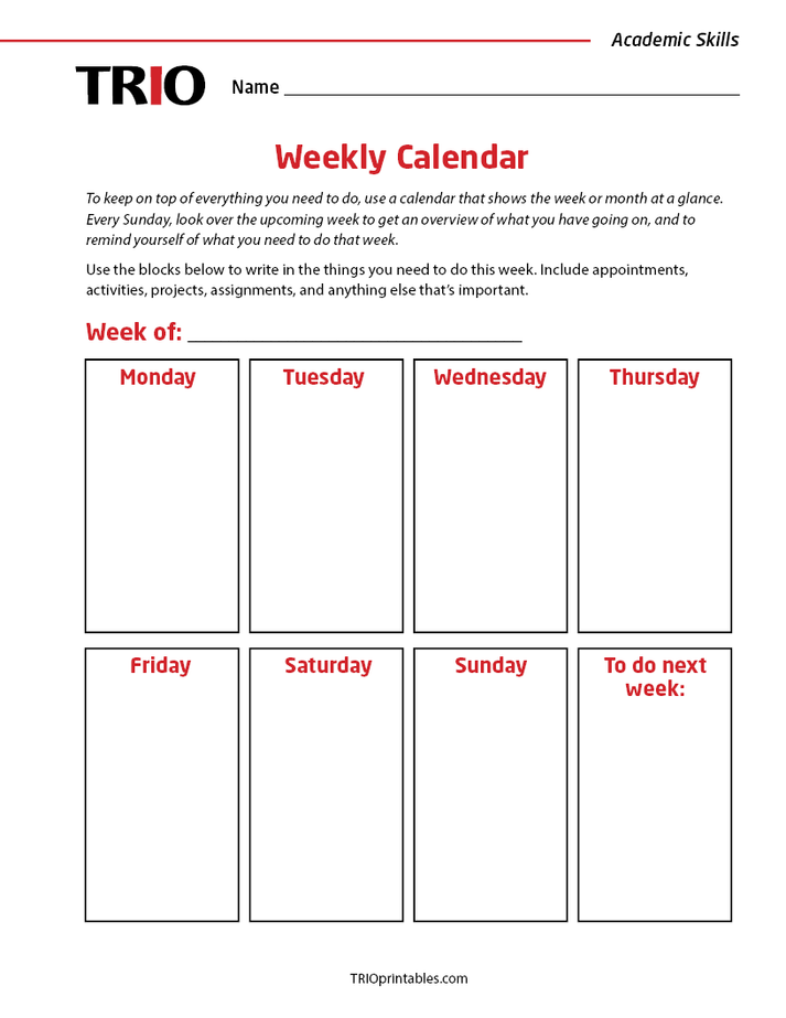 Weekly Calendar Activity Sheet – TRIO Printables