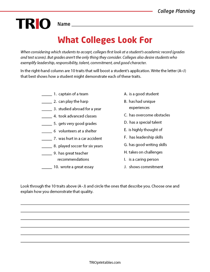 What Colleges Look For Activity Sheet – TRIO Printables